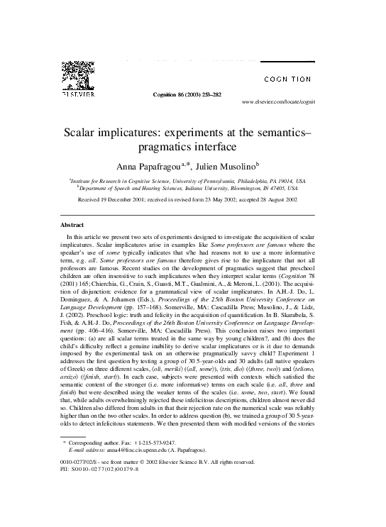 Pdf Scalar Implicatures Experiments At The Semantics Pragmatics Interface