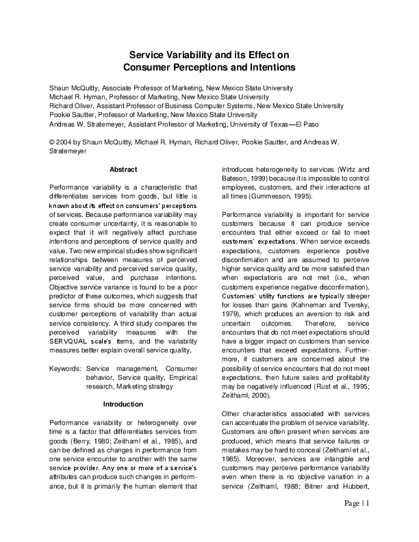 (PDF) Service variability and its effect on consumer perceptions and ...
