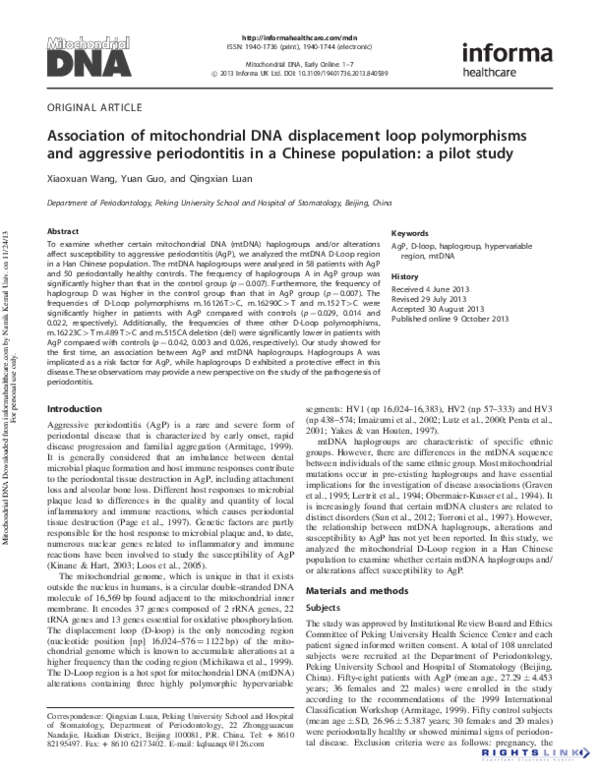 (PDF) Association of mitochondrial DNA displacement loop polymorphisms ...