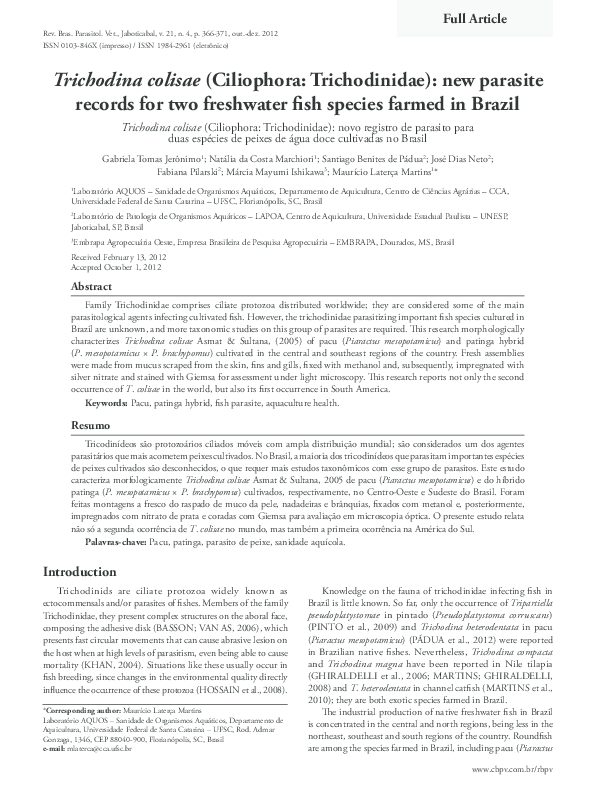 (PDF) Trichodina colisae (Ciliophora: Trichodinidae): new parasite ...