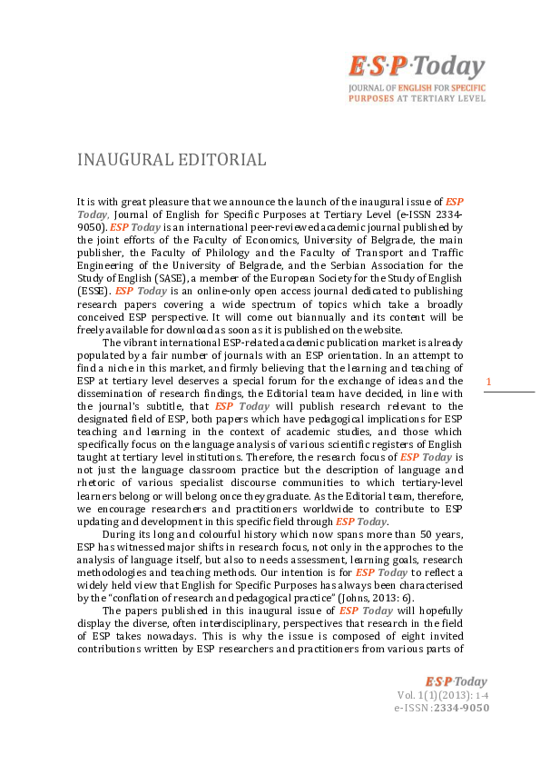 (PDF) Silaški, N. (2013) INAUGURAL EDITORIAL. ESP Today. Journal of ...