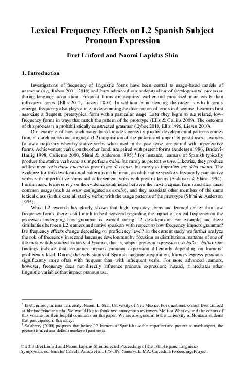 (PDF) Lexical Frequency Effects on L2 Spanish Subject Pronoun Expression