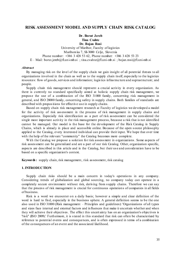 (PDF) Risk Assessment Model and Supply Chain Risk Catalog