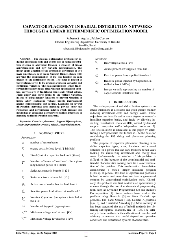 Pdf Capacitor Placement In Radial Distribution Networks Through A Linear Deterministic