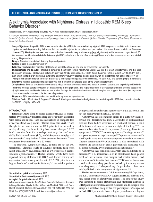 (PDF) Alexithymia associated with nightmare distress in Idiopathic REM ...