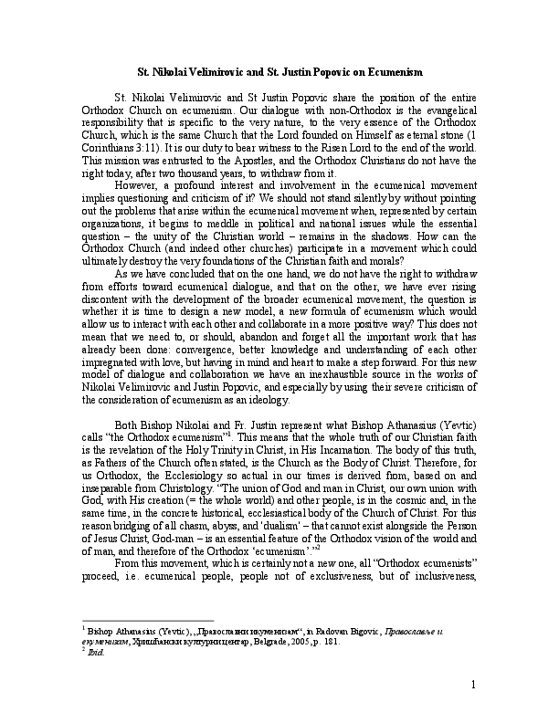 (PDF) "St. Nikolai Velimirovic and St. Justin Popovic on Ecumenism", P ...