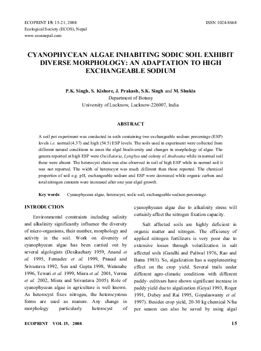 (PDF) Cyanophycean algae inhabiting sodic soilexhibit diverse ...