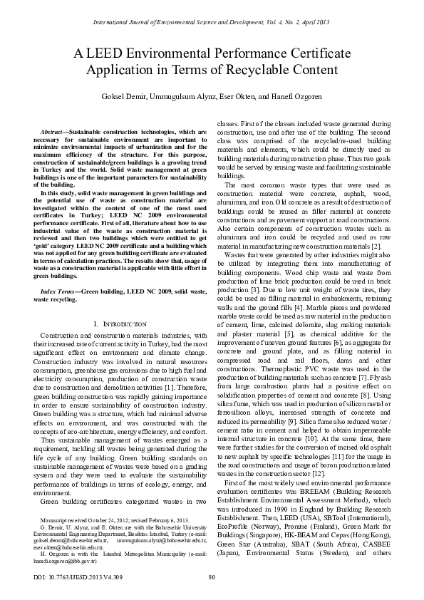 A LEED Environmental Performance Certificate Application in Terms of ...
