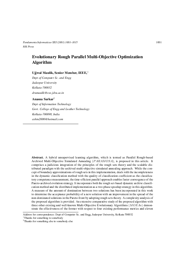 Pdf Evolutionary Rough Parallel Multi Objective Optimization Algorithm