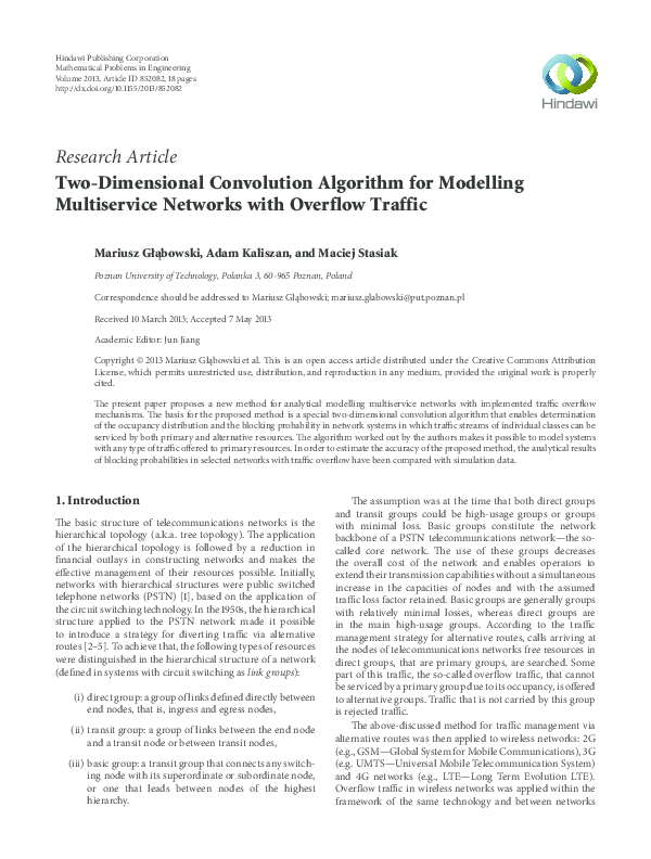 (PDF) Two dimensional Convolution Algorithm for Modelling Multi-service Networks with Overflow ...
