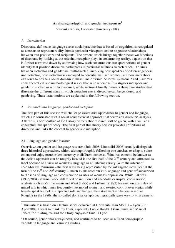 (PDF) Analyzing metaphor and gender in discourse