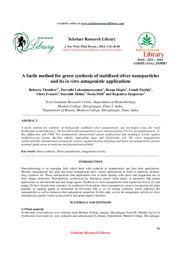 (PDF) A facile method for green synthesis of stabilized silver ...