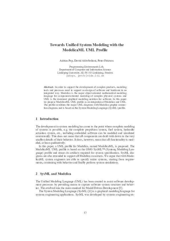 (PDF) Towards Unified System Modeling with the ModelicaML UML Profile