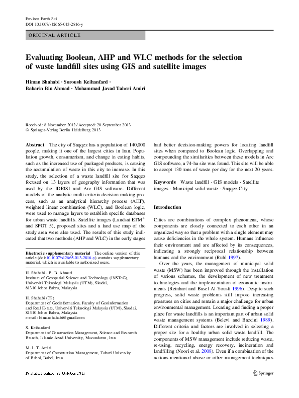 Pdf Evaluating Boolean Ahp And Wlc Methods For The Selection Of