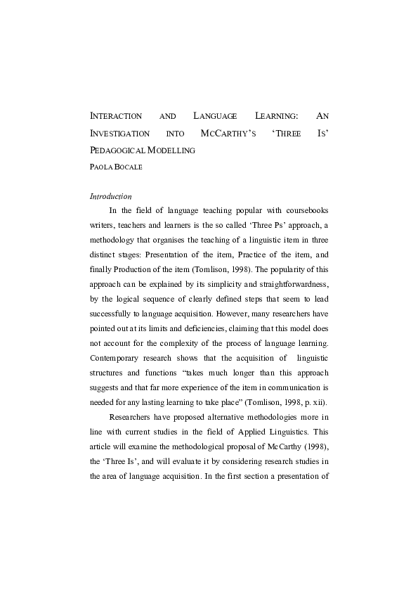 (PDF) INTERACTION AND LANGUAGE LEARNING: AN INVESTIGATION INTO MCCARTHY'S 'THREE IS (2004)