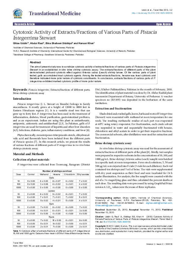 (PDF) Cytotoxic Activity of Extracts/Fractions of Various Parts of ...
