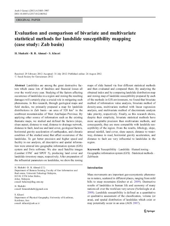 Pdf Evaluation And Comparison Of Bivariate And Multivariate Statistical Methods For Landslide