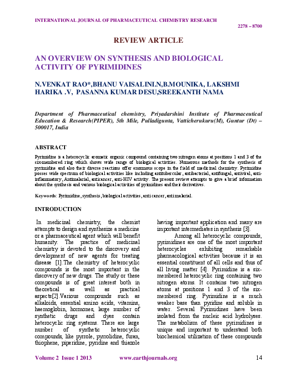 (PDF) REVIEW ARTICLE AN OVERVIEW ON SYNTHESIS AND BIOLOGICAL ACTIVITY OF PYRIMIDINES