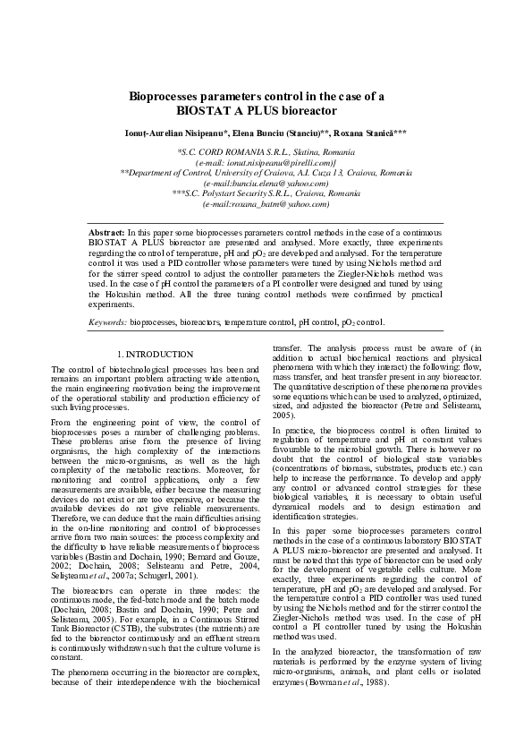 (PDF) Bioprocesses parameters control in the case of a BIOSTAT A PLUS ...