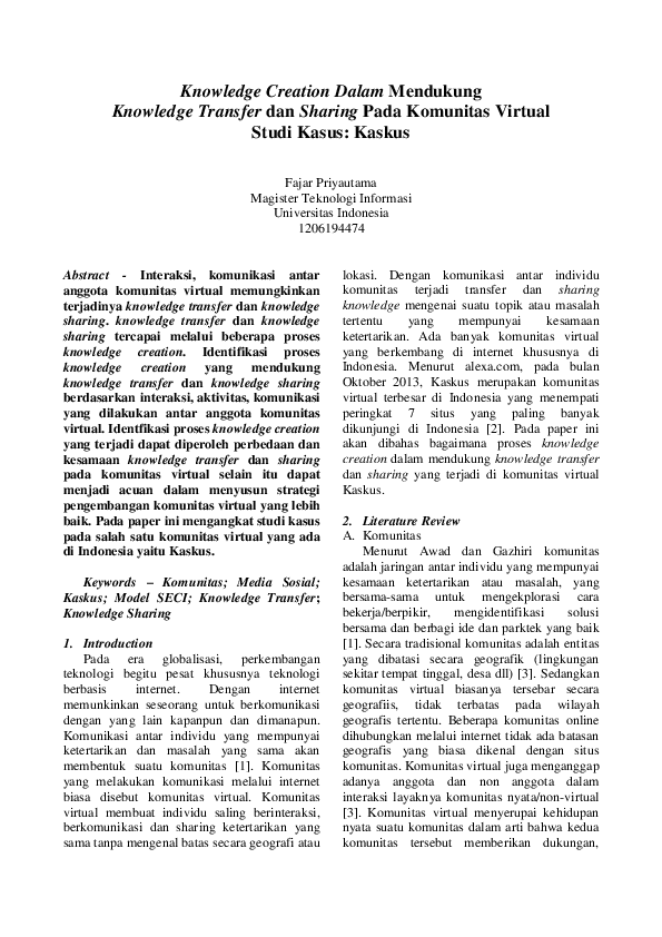 (PDF) Knowledge Creation Dalam Mendukung Knowledge Transfer dan Sharing Pada Komunitas Virtual ...
