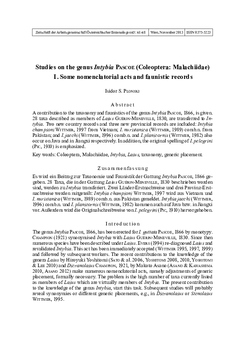 (PDF) Studies on the genus Intybia Pascoe (Coleoptera: Malachiidae) I ...