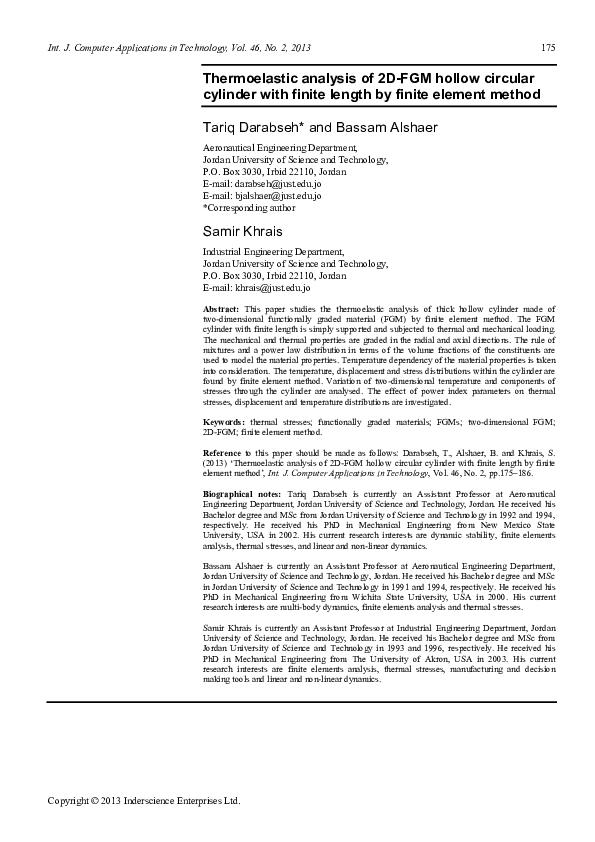 (PDF) Thermoelastic analysis of 2D-FGM hollow circular cylinder with finite length by finite ...