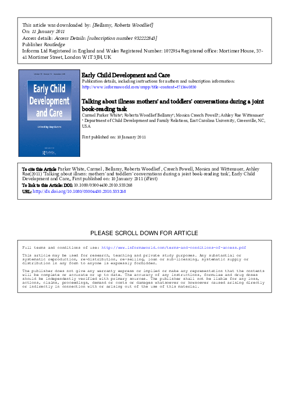 (PDF) Talking about illness: mothers’ and toddlers’ conversations ...