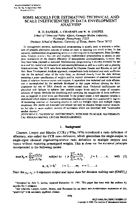 (PDF) Some Models for Estimating Technical and Scale Inefficiencies In Data Envelopment Analysis