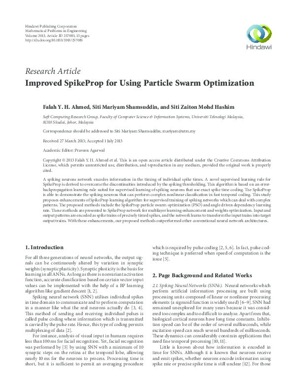 (PDF) Improved SpikeProp for Using Particle Swarm Optimization