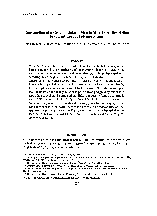 Pdf Construction Of A Genetic Linkage Map In Man Using Restriction Fragment Length Polymorphisms