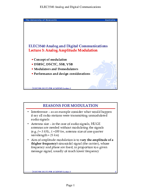 Pdf Elec3540 Lecture 3 Analog Amplitude Modulation