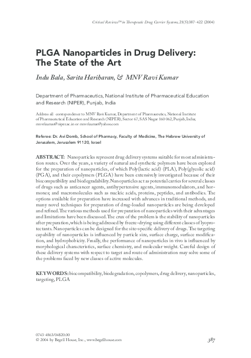 PLGA Nanoparticles in Drug Delivery: The State of the Art