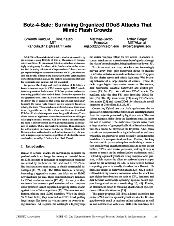 (PDF) Botz-4-sale: surviving organized DDoS attacks that mimic flash crowds