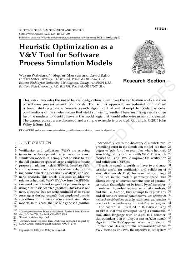 (PDF) Heuristic Optimization As a V&V Tool for Software Process Simulation Models