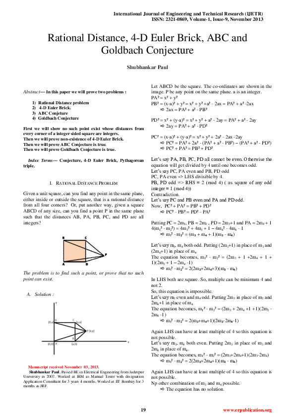Rational Distance, 4-D Euler Brick, ABC and Goldbach Conjecture