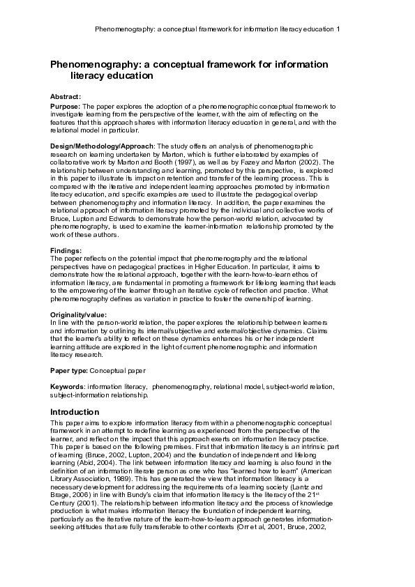 (DOC) Phenomenography: a conceptual framework for information literacy ...