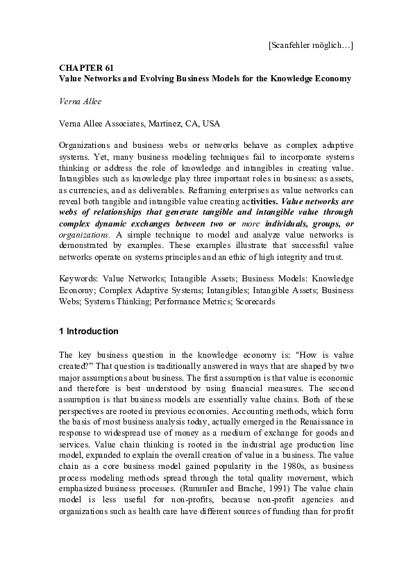 (PDF) Value Networks and Evolving Business Models for the Knowledge Economy