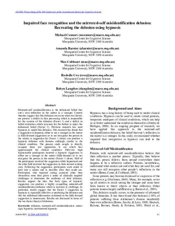 (PDF) Impaired Face Recognition and the Mirrored-Self Misidentification ...