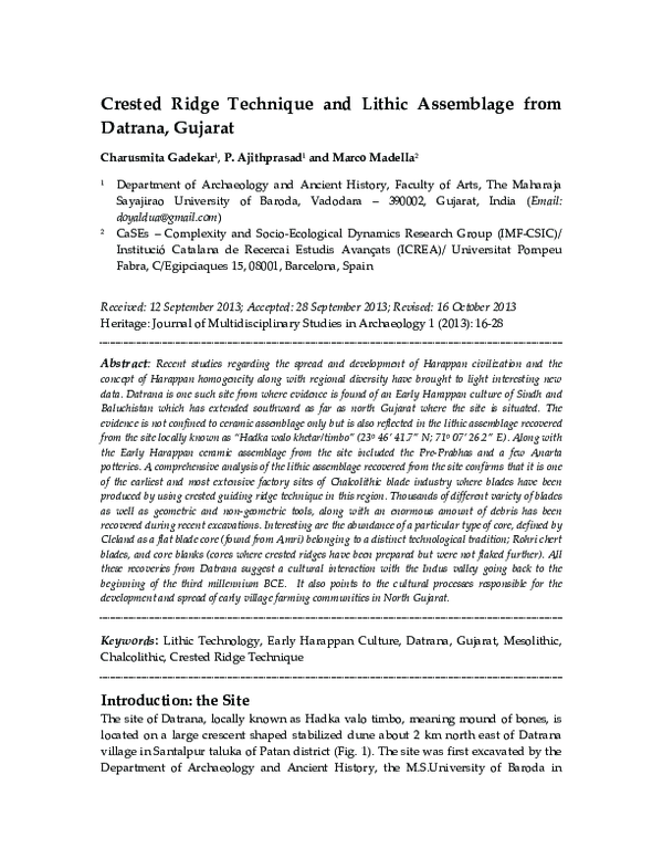 (PDF) Crested Ridge Technique and Lithic Assemblage from Datrana, Gujarat