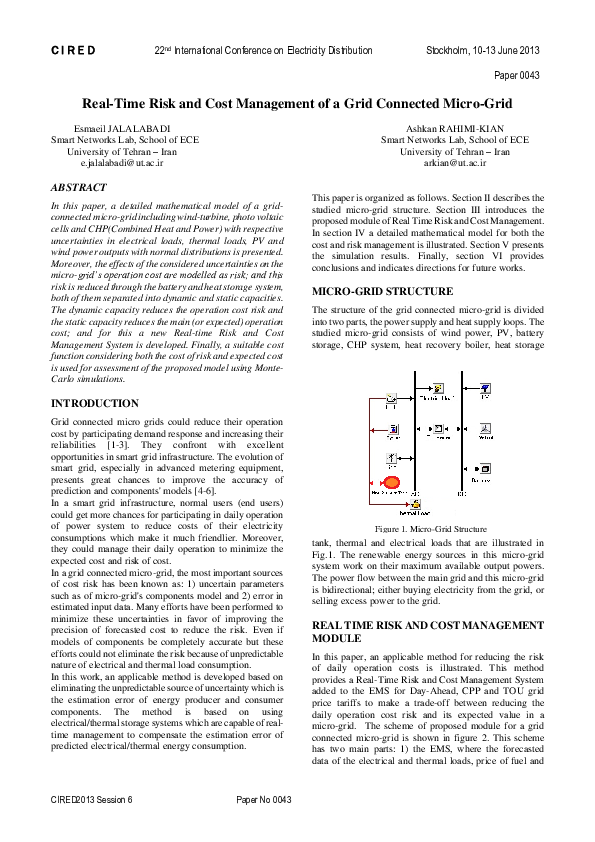 (PDF) C I Real-Time Risk and Cost Management of a Grid Connected Micro-Grid