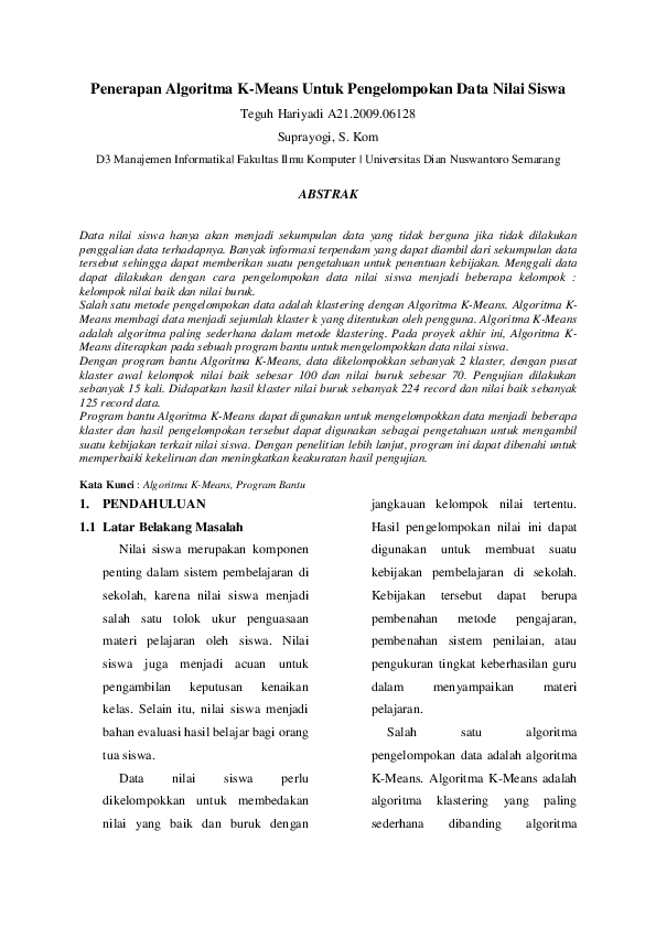 (PDF) Penerapan Algoritma K-Means Untuk Pengelompokan Data Nilai Siswa