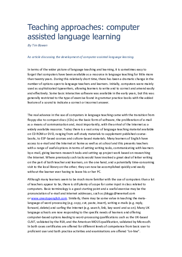 (DOC) Teaching approaches: computer assisted language learning