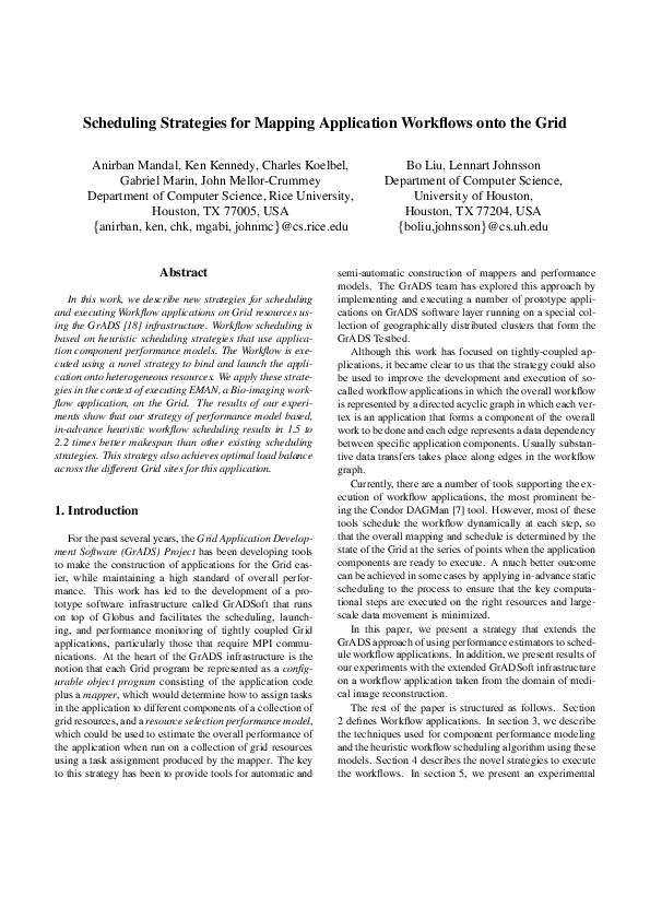 (PDF) Scheduling strategies for mapping application workflows onto the grid