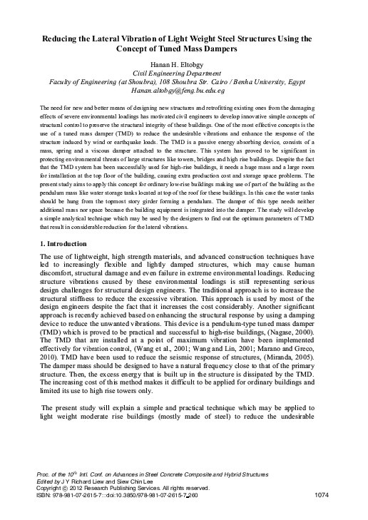 (PDF) Reducing the Lateral Vibration of Light Weight Steel Structures ...