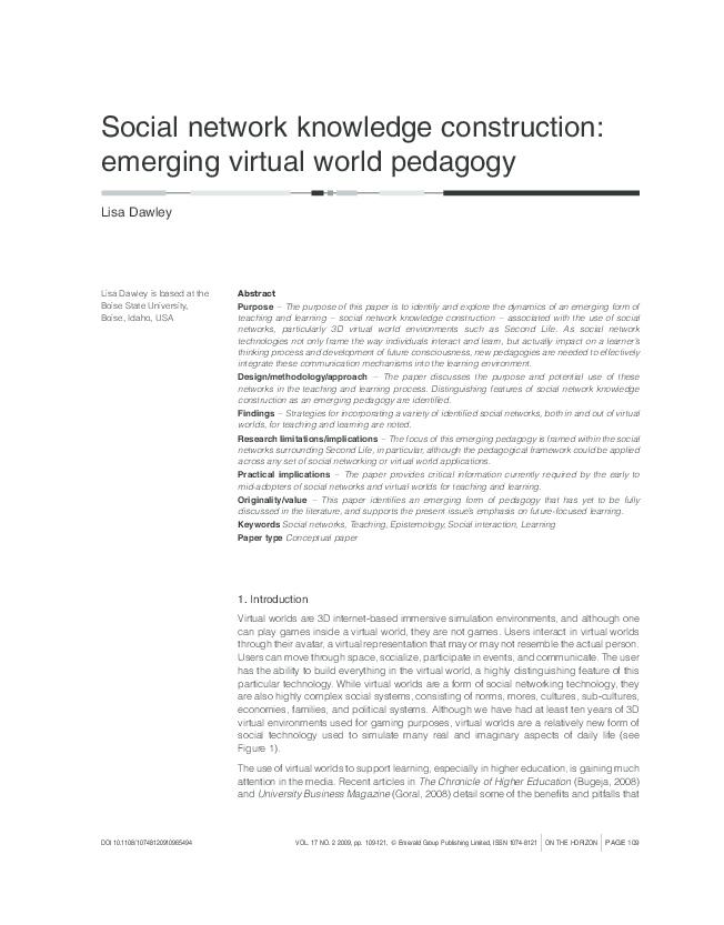 (PDF) Social Network Knowledge Construction: Emerging Virtual World ...