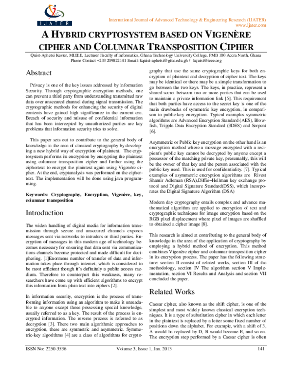 Pdf A Hybrid Cryptosystem Based On Vigenere Cipher And Columnar Transposition Cipher