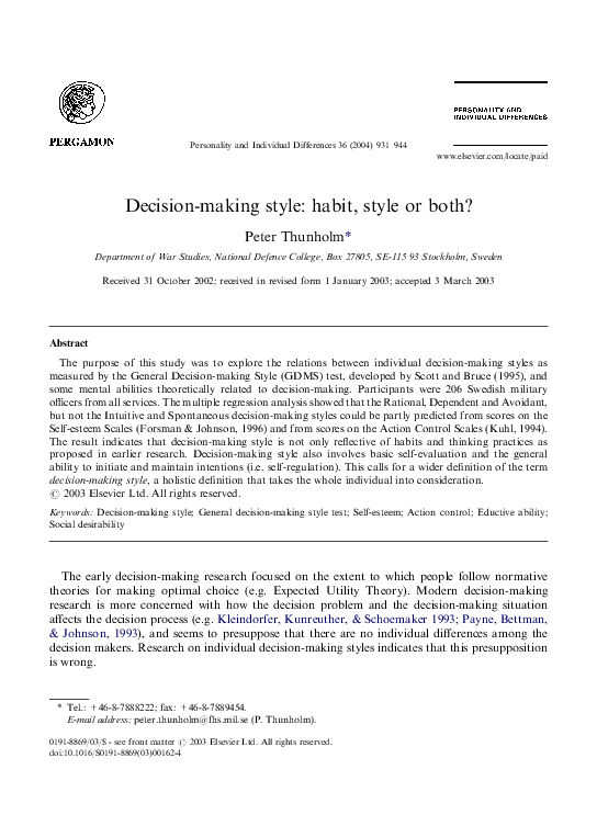 (PDF) Decision-making style: habit, style or both?