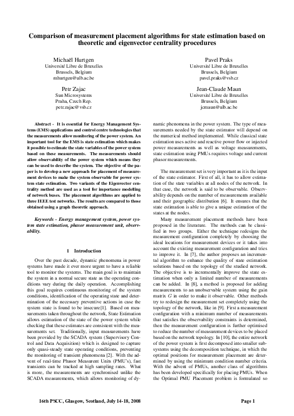 (PDF) Comparison of measurement placement algorithms for state estimation based on theoretic and ...