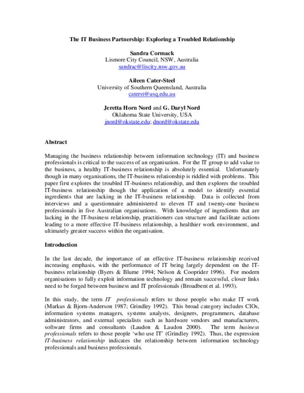 (PDF) The IT Business Partnership: Exploring a Troubled Relationship