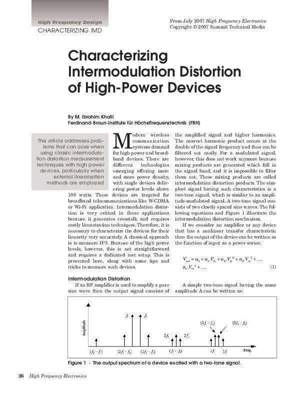 Pdf Characterizing Intermodulation Distortion Of High Power Devices